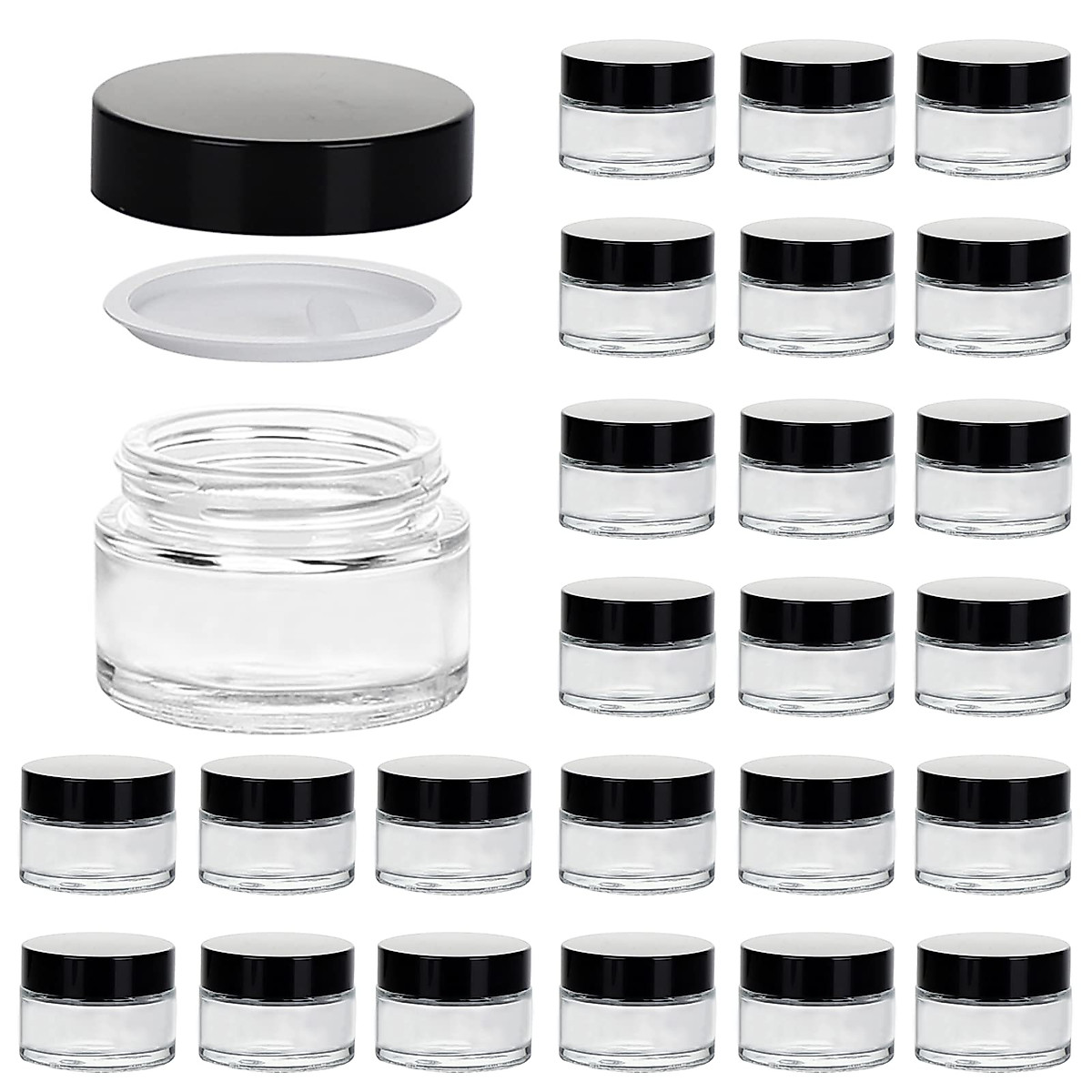 1oz Glass Jar with Lid, Hoa Kinh 25Pack Clear Round Containers Cosmetic Glass Jars with Inner Liners and Black Lids Travel Jars for Storing Lip and Body Scrub, Lotion, Body Butter, Bath Salts, Liquid