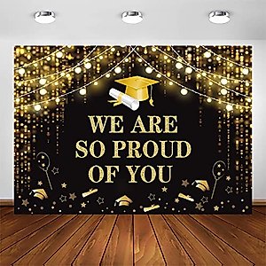 Avezano Graduation Party Backdrop Blak and Gold Graduation Party Decorations Proud of You Congrats Grad 2023 Photoshoot Background Banner Supplies (7x5ft)