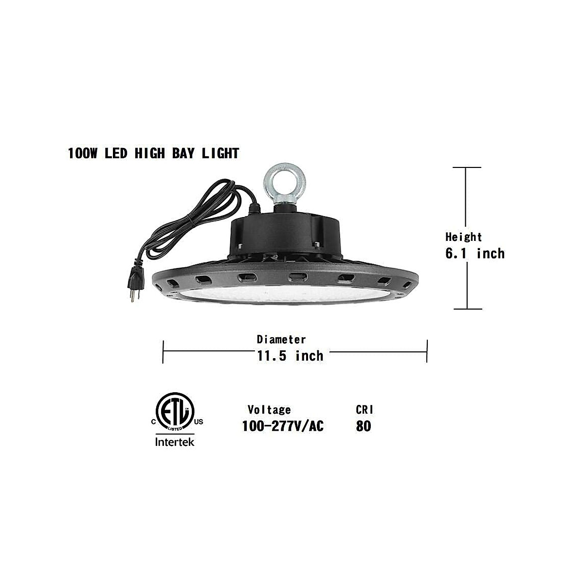 LED High Bay Light 100W 14,000lm 5000K Daylight White,ETL Certified LED Warehouse Light