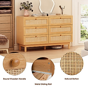 DHMAKER 6 Drawer Rattan Dresser, 48" Modern Double Dresser for Bedroom, Wide Chest of Drawers, Wood Storage Cabinet for Bedroom, Entryway, Living Room, Hallway