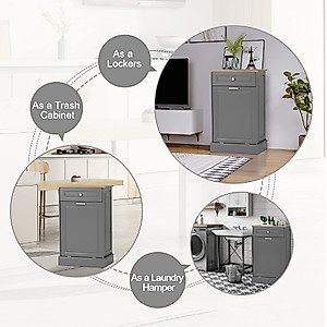 Anbuy Tilt Out Trash Cabinet Can Bin Kitchen Wooden Trash Can Free Standing Holder Recycling Cabinet with Hideaway Drawer Wooden Trash Holder (Grey)
