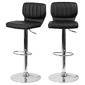 KLS Modern Barstools Adjustable Hydraulic 360 Degree Swivel Stable Steel Frame Padded Vinyl Cushion Low Back Seat Design Dining Chair Pub Stool - Set of 2 Black # 1969
