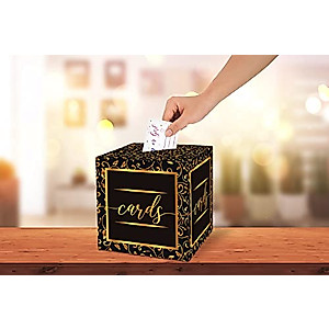 Black Gold Foil Card Box - Collapsible Money Box or Gift Box for Baby & Bride Shower, Birthday, Wedding Reception, Engagement Party, Graduation - 8"x8"x8" Party Favors Decorations Boxes(03)
