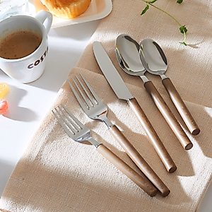 20 Piece Walnut Faux Wooden Handle Flatware Set For 4,Ornative Ivy Silverware Include Knifes, Forks, Spoons, Stainless Steel Cutlery Silverware Set, Dishwasher Safe Utensil for Home Kitchen Restaurant