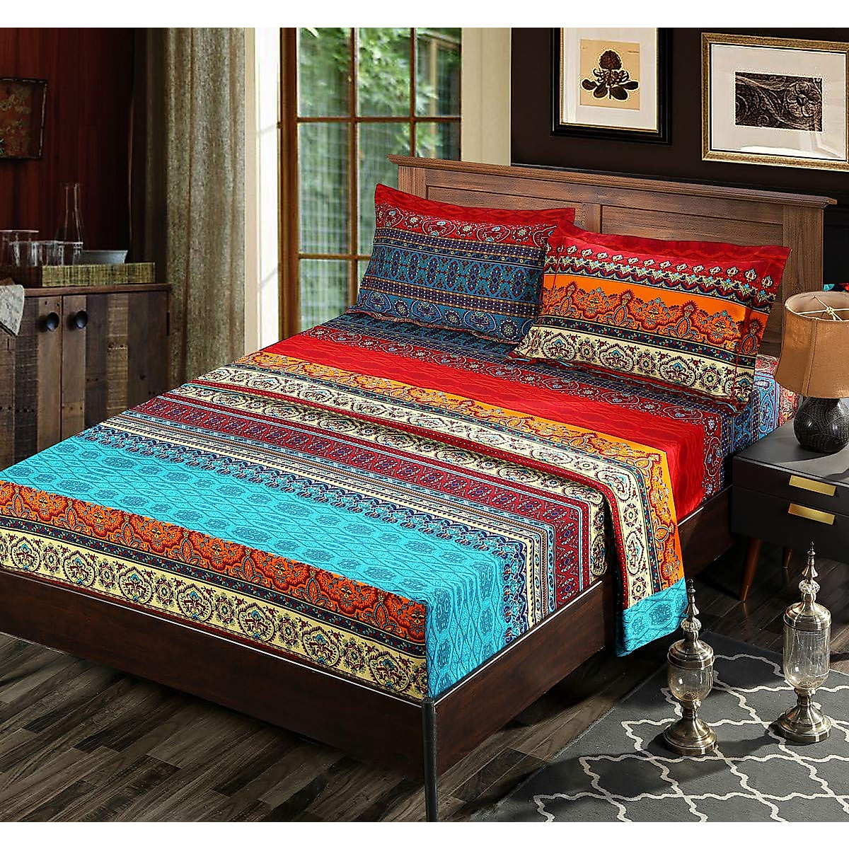 HNNSI Brushed Cotton Bohemian Duvet Cover and Fitted Sheet Sets Queen Size 4 Pieces, Bohemia Exotic Striped Bedding Sets, Boho Comforter Cover Sets,NO Comforter (Fitted Sheet Sets, Queen)