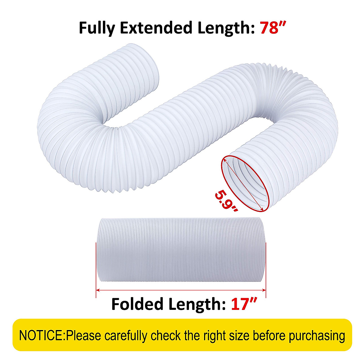 AC Parts Portable Air Conditioner Hose,5.9 Inch Diameter,78 Inch Length,Counter Clockwise Universal AC Exhaust Hose,Compatible with Honeywell,LG and Other Portable Air Conditioners
