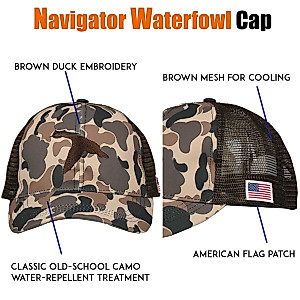 EDTREK Performance Waterfowl Hunting Hat with American Flag Patch - Camo Duck Hunting Hat with Duck Embroidery (Old School Camo), One Size
