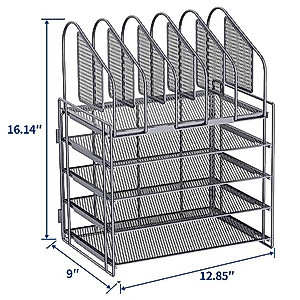 Marbrasse Mesh Desk Organizer, 4-Tier Mesh Desk File Organizer with 5 Vertical File Holders, Multifunction Desktop Organizer, Desk Organizers and Accessories for Home Office School,Grey