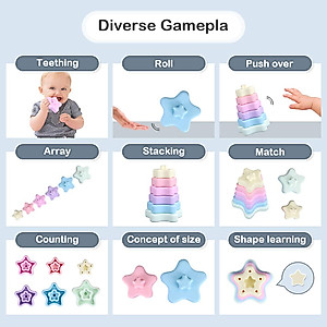 AmazingM Baby Silicone Stacking Toy,6 Pcs Soft Building Ring Stacker,Blockers Tower Teether for 6+ Months Boys and Girls Early Educational Learning. (Star)