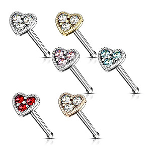 Amelia Fashion 20 Gauge CZ Set Heart Nose Bone Stud 316L Surgical Steel (Choose Color) (Red)