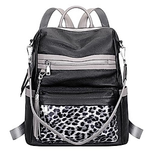 ALTOSY Genuine Leather Backpack Purse for Women Convertible Shoulder bag Soft Crossdody Bag Large Elegant Casual Daypacks(S108 Black/Grey/Silver Leopard)