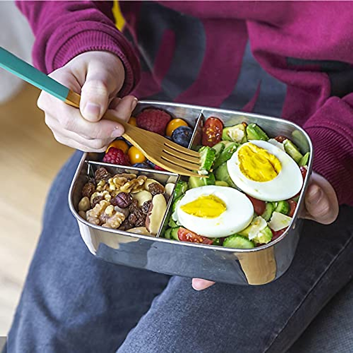 OXYEFEI Stainless Steel Bento Box, Personalized Lunch Container 3 Compartments can Hold All Kinds of Food Metal Lunch Box for Children or Adults (1800ml)