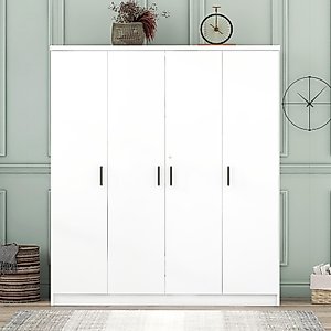 4 Door Wardrobe Armoire Closet with Storage Shelevs Freestanding Wardrobe Cabinet with One Drawer and Hanging Rod Clothes Cabinet Organizer for Bedroom, 59.2" L x 19.2" W x 67.9" H (White)