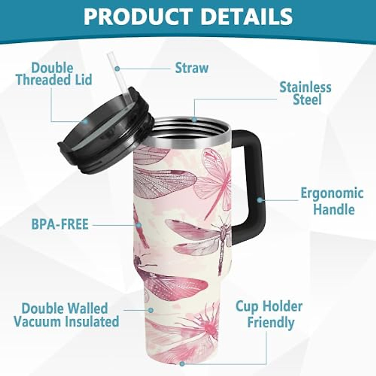 FRCSDIY Beautiful Dragonfly Insulated Tumbler with Handle and Straw Lid,40oz Leakproof Stainless Steel Cup BPA-Free Water Bottle