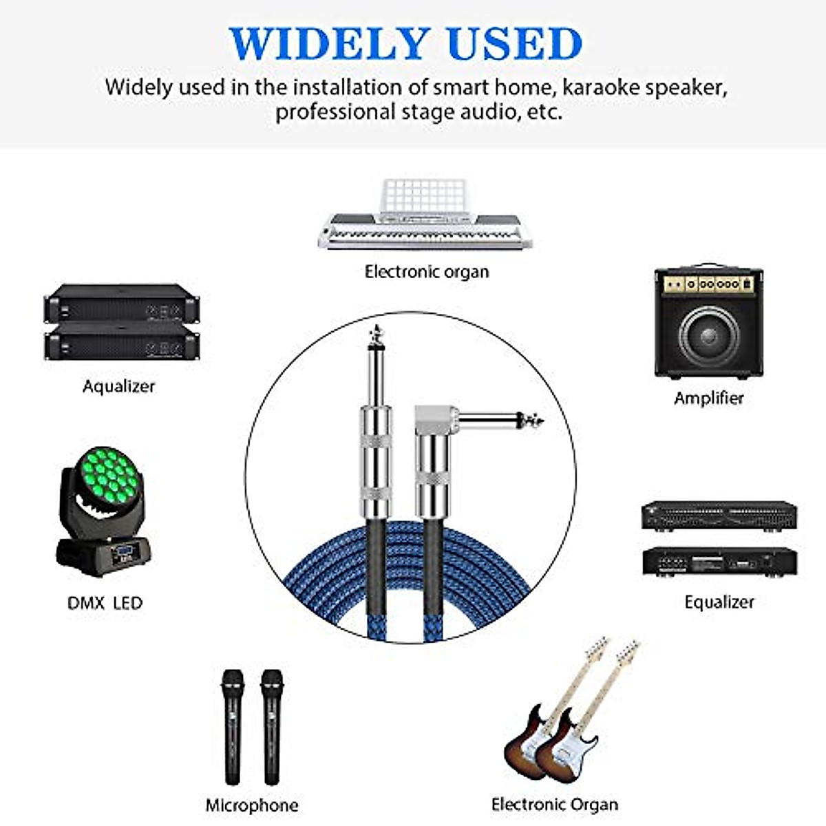 JOLGOO 1/4 Inch Cable Guitar Cable 10 Ft Straight to Right Angle 1/4 Inch 6.35mm Plug Bass Keyboard Instrument Cable Blue and Black Tweed Cloth Jacket, electric mandolin, pro audio