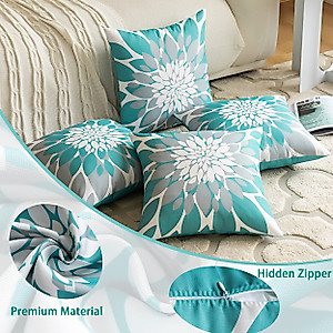 Qahing Pack of 4 Outdoor Waterproof Pillow Covers 24x24 Decorative Outdoor Throw Pillows Garden Square Cushion Cases for Patio Furniture, Couch, Tent Sunbrella, Bench, Teal Turquoise Grey