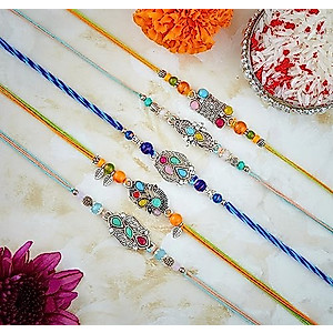Eximious India Set of 5 Rakhi For Brother With Card Metal Pendant For Raksha Bandhan Designer Rakhi Thread for Bhaiya (Set of 5-1)