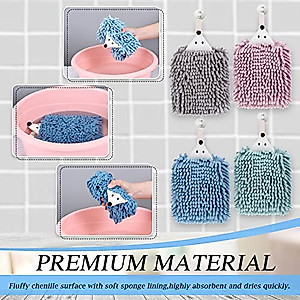 Kinlop 4 Pcs Chenille Hand Towels with Loop Cute Hedgehog Microfiber Hand Towels Absorbent Small Hanging Chenille Hand Towel for Drying Hand Bath Kitchen Washstand Powder Room, 4 Colors