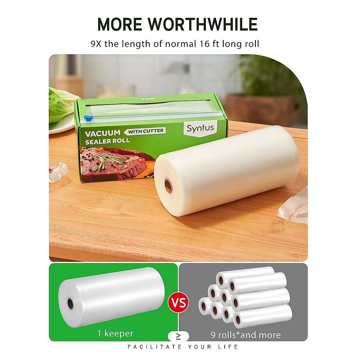 Syntus 11" x 150' Food Vacuum Seal Roll Keeper with Cutter Dispenser, Commercial Grade Vacuum Sealer Bag Rolls, BPA Free Food Vac Bags, Ideal for Storage, Meal Prep and Sous Vide