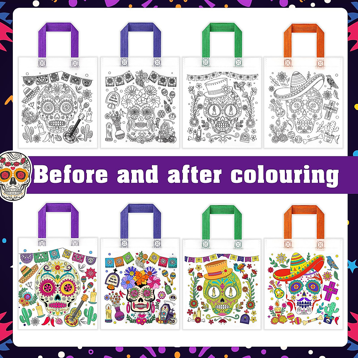 HOWAF Day of The Dead Coloring Gift Bags with 24 （12 Colors） Paint Pens, 12pcs Color Your Own Sugar Skull Tote Bags Dia De Los Muertos Non-Woven DIY Bags for Mexican Halloween Party Favors Activity