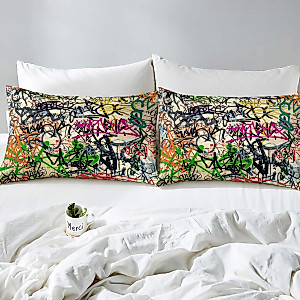 Manfei Graffiti Duvet Cover Set Street Art Hip Hop Bedding Set 3pcs for Kids Boys Girls Modern Fashion Design Comforter Cover Microfiber Bedspread Cover with 2 Pillow Cases(No Comforter) Queen Size