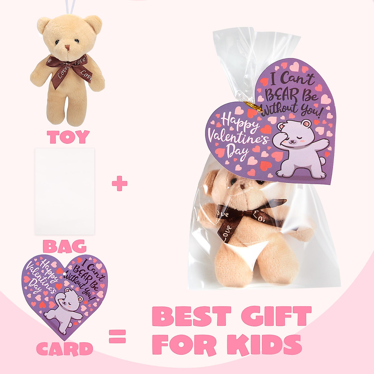 JOYIN 24 Packs Valentine's Day Heart Cards with Plush Toy Party Favors, Mini Stuffed Animal Plush Toys for Valentines Day Gifts, Kids Classroom School Exchange Prize (brown bear)