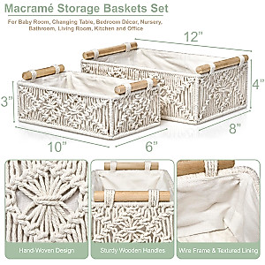 Sorbus Macrame Boho Decor Baskets - 2 Decorative Gift Baskets for Nursery, Baby Room, Toilet Tank Top - Lined Baby Basket Set for Organizing Changing Station, Linens, Clothes, Diapers, Toiletries