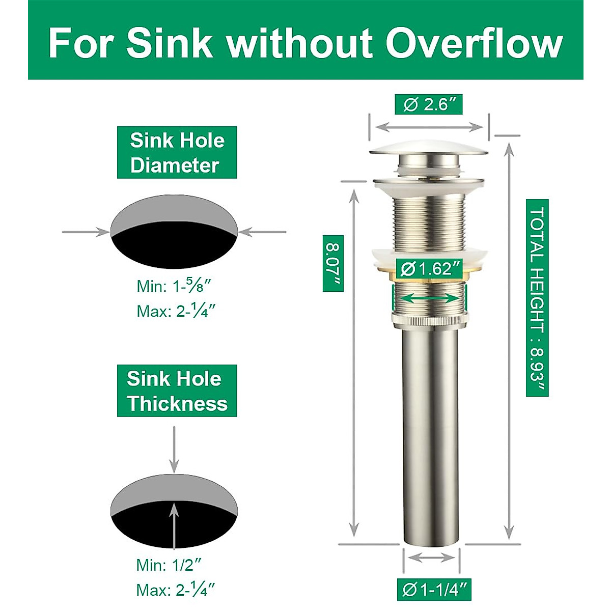 Purelux Pop up Drain Stopper for Bathroom Sink Vessel or Vanity Sink Without Overflow, Matte Black Finish Spring Pop-Up Drain