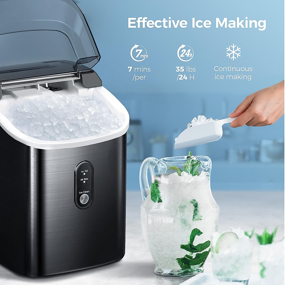 Nugget Ice Maker Countertop with Handle, 35lbs/Day, Portable Ice Maker Counter top with Chewable Ice, One-Click Operation, Compact Design Crushed Pellet Ice Maker for Home/Kitchen/Office(Black)