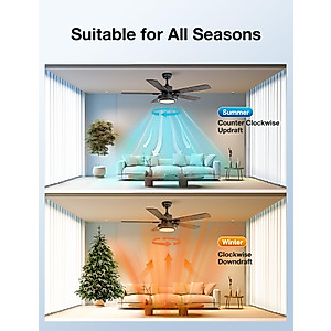 warmiplanet Ceiling Fans with Lights and Remote Control, 52 Inch, 6 Speeds Reversible DC Motor, 3 Color Dimmable Light, Timer, Noiseless, Black, 5 Blades