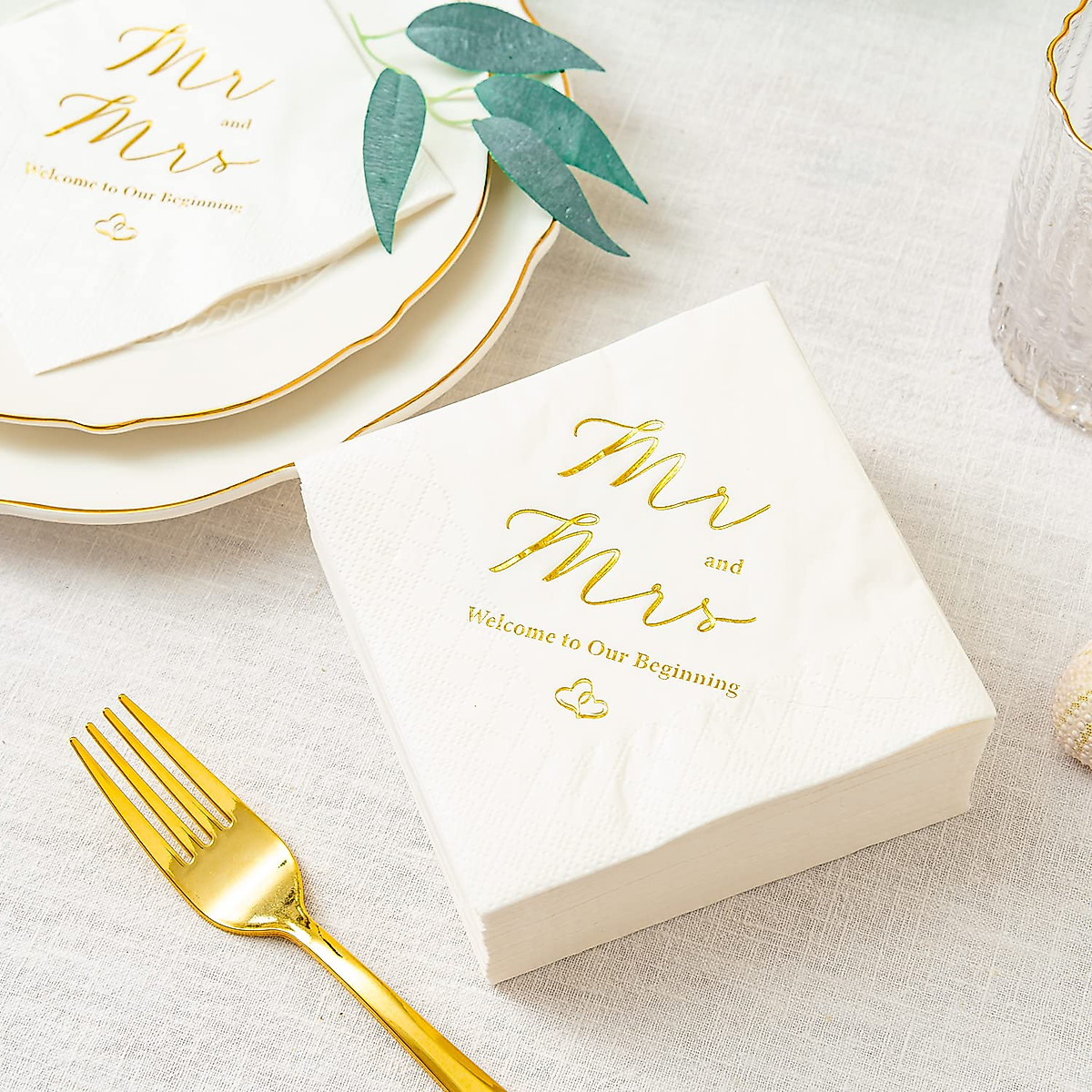 Crisky Gold Foil Mr and Mrs Wedding Cocktail Napkins 100 Counts for Wedding Party Reception Dessert Cake Table Decorations Welcome to Our Beginning Disposable Napkins, 3-Ply,