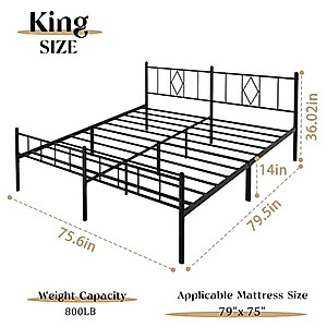 Mavesmog King Bed Fram 14 inch High Metal Platform Mattress Foundation King Size Bed Frame with headboard Footboard, Heavy Duty Bed Base, No Box Spring Needed Under Bed Storage Easy Assembly, Black