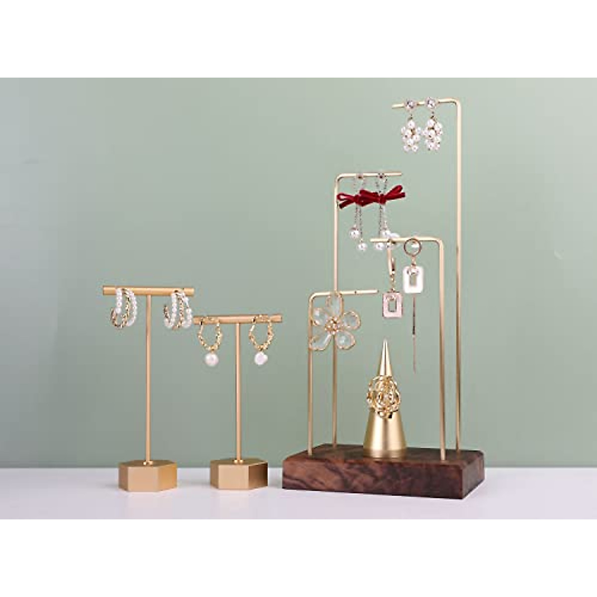 GemeShou Gold Metal Earring T Bar Stand Retail display holders for show, Jewelry Online stores Photography Display Props Organizer【Gold-Hexagon Base Height 4.5"】