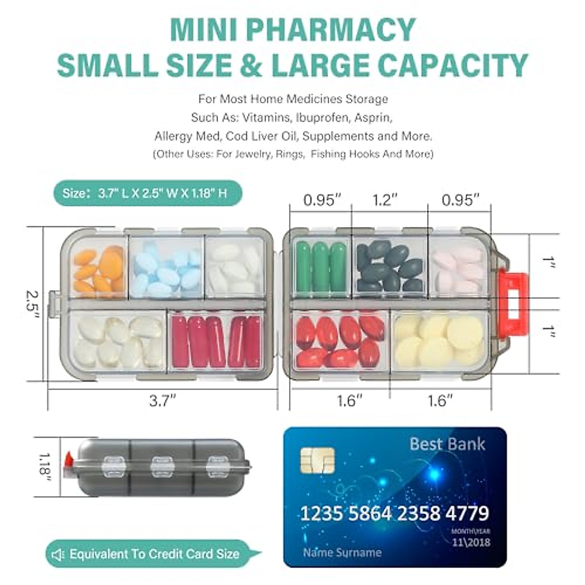 1 Pack Travel Pill Organizer w Labels & 1 Drawstring Pouch, Small 10 Compartments Pocket Pharmacy, Handy Pill Holder Box - Portable Medicine Container Case - Daily Weekly Medication Organizer - Grey