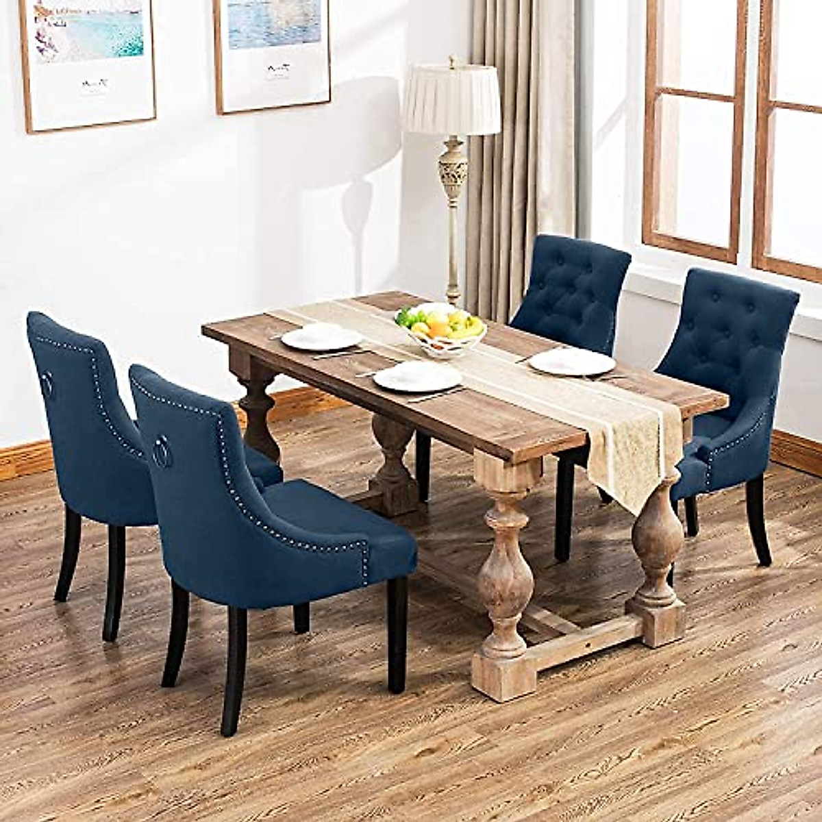 Alohappy Dining Chairs Linen Upholstered Side Chairs with Natural Oak Legs for Kitchen,Living Dining Room,Set of 2 Navy Blue
