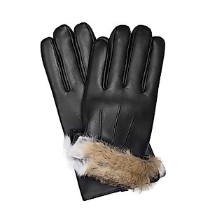 MESSERIO Authentic Sheepskin Leather Winter Gloves for Men with Rabbit Fur Lining + Gift Box (Large)