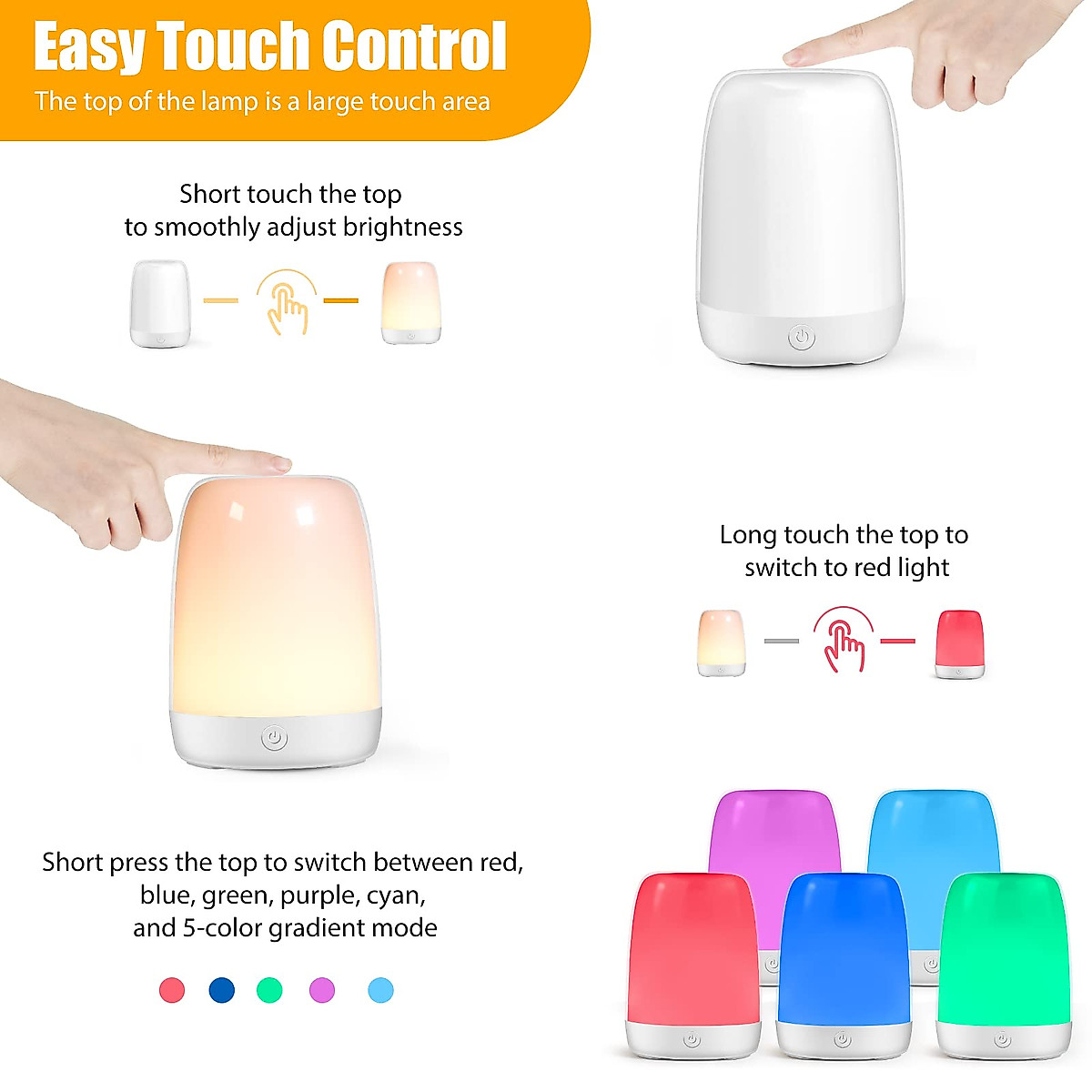 Orenic Nursery Night Light for Baby, Dimmable Warm Light & 5 Color Changing Touch Night Lamp, USB Rechargeable for Kids Room,Breastfeeding,Toddlers Bedroom