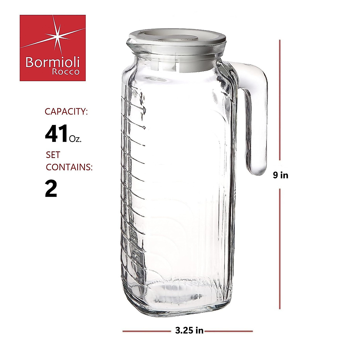 Bormioli Rocco Gelo Set of 2 Glass pitchers, 33.75 Jug with White Lid, Carafe for Homemade Juice, Iced Tea, Cold Brew, Dishwasher Safe Made in Italy