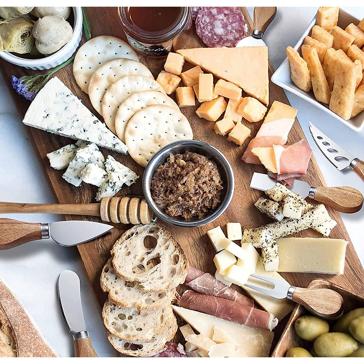 Makenna Premium Specialty Cheese Knife Set — Custom Storage Case Gift Box, Wide Solid Wood Handle, Stainless Steel Blade, Spreader, Slicer, Fork, 6 Pc Knives, Spatula for Charcuterie Board