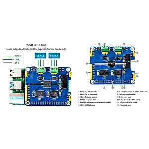 2-Channel Isolated CAN Bus Expansion HAT for Raspberry Pi 4B/3B+/3B/2B/B+/A+/Zero/Zero W, MCP2515 + SN65HVD230 Dual Chips Solution Allow 2-CH CAN Communication Onboard Multi Protection Circuits