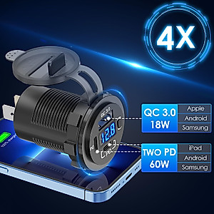 12V USB Outlet Qidoe USB C Car Charger Socket Dual PD 30W and 18W QC3.0 Port USB Car Socket with Voltmeter Button Switch Lengthened Waterproof USB Power Outlet for Car Boat Marine RV Vehicle