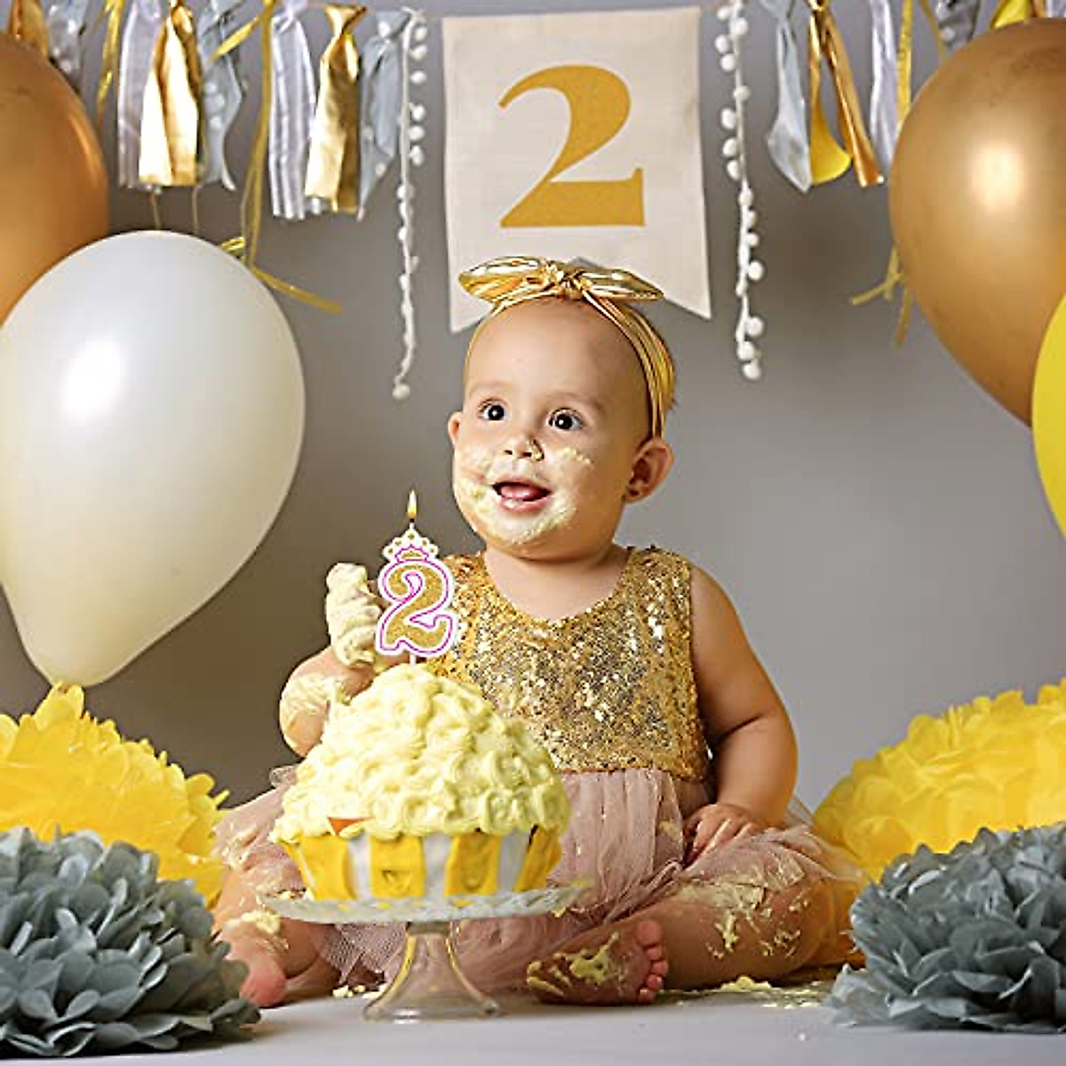 Happy Birthday Number Candle Pink Glitter Candle Crown Cute Cake Candle for Anniversary Wedding Party Cake Topper Decoration, 4.1 x 1.4 Inches (Number 2 Style)