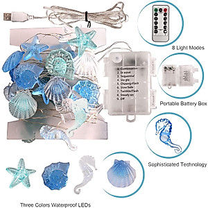 JOYFULPARTNER Ocean Decor String Lights for Bedroom, Nautical Theme Seashell Seahorse Conch Starfish Beach Lights 10FT 30LED Battery Powered & USB with Remote and Timer Dorm Party Camping Decorations