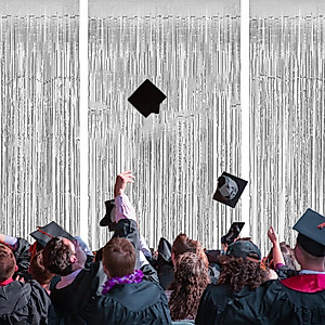 ALFROTEY 4Pcs Silver Foil Tassel Photo Photography Backdrop Event Decoration Curtains for Birthday Wedding Bachelorette Christmas Festival Graduation Celebration Party Decoration (Silver, 3FT*6FT)