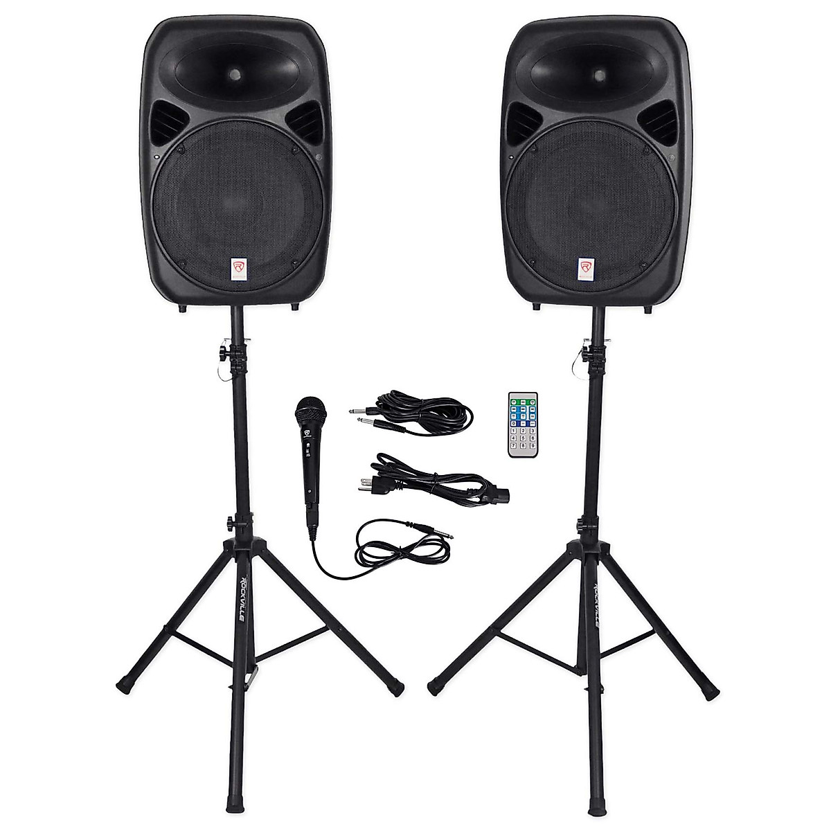 Rockville RPG152K 15" Powered Speakers w/Bluetooth+Dual UHF Wireless Mics+Stands