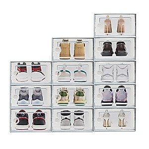 ikaufen 12 Pack Shoe Storage Box, Space Saving Shoe Boxes Clear Plastic Stackable Organizer with Lids for Closet, Foldable Sneaker Containers Bins Holders