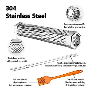 Smoke Tube for Pellets, YiiMO 12'' Pellet Smoker Up to 6Hrs of Cold Hot Smoking, Brush n Meat Sticks, Portable Hexagon Fits All Electric Gas Charcoal Grill Wood Billowing Smokers