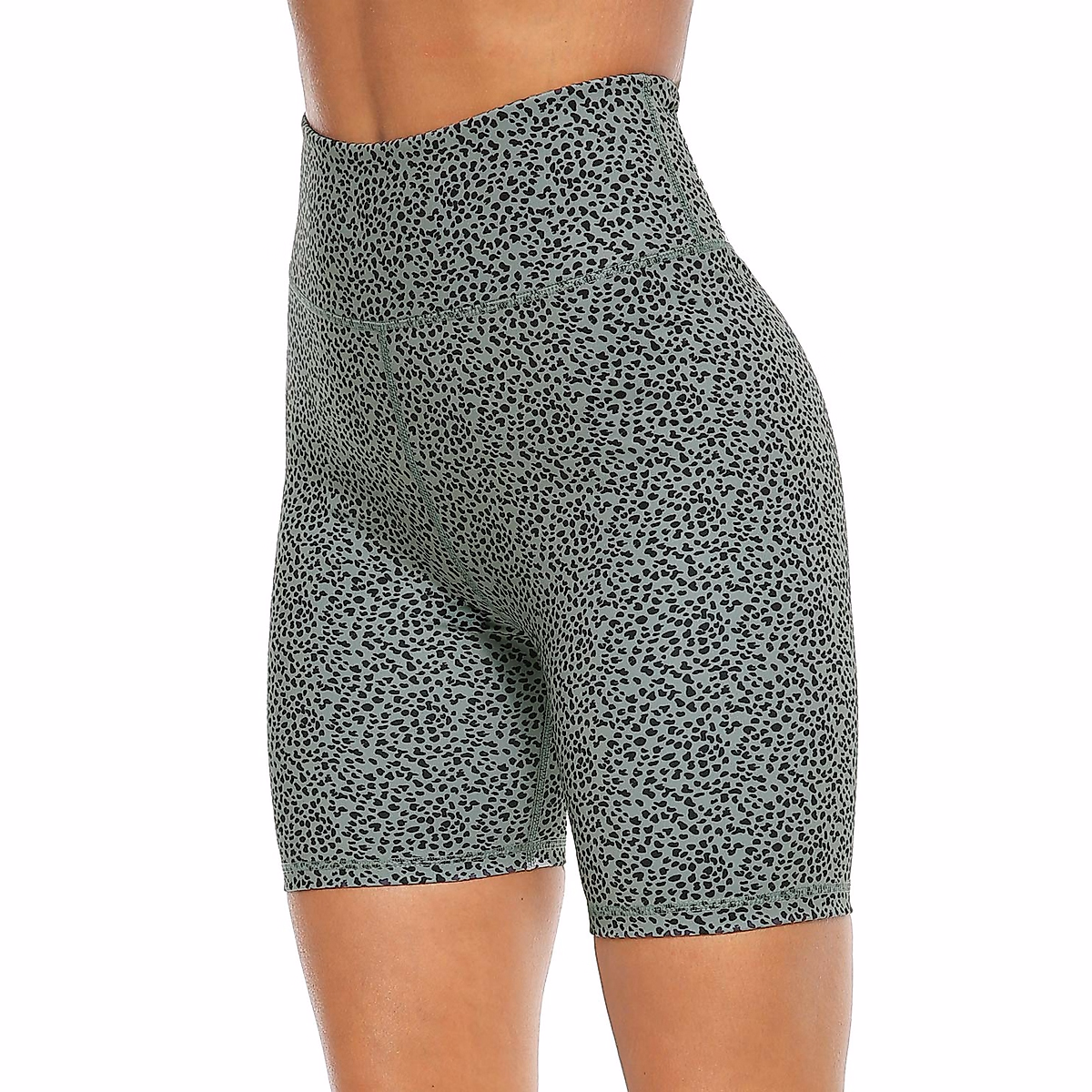 PERSIT Women's High Waist Print Workout Yoga Shorts with 2 Hidden Pockets, Non See-Through Tummy Control Athletic Shorts Bean Green Leopard