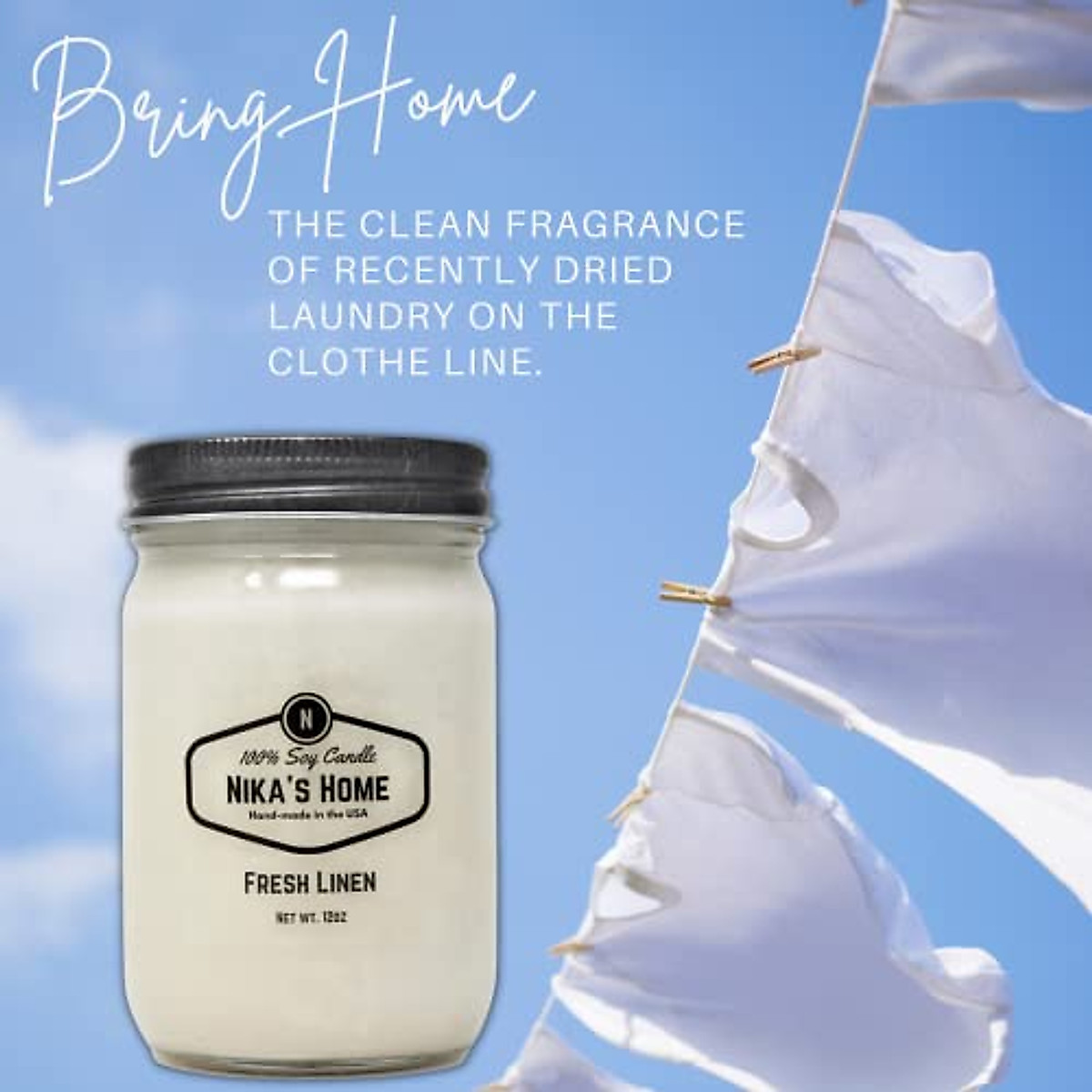 Nika's Home Fresh Linen Soy Candle 12oz Mason Jar Non-Toxic Natural White Soy Handmade, Long Burning 50-60 Hours Highly Scented All Natural, Clean Burning Candle Gift Décor