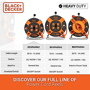 BLACK+DECKER 50 Ft. Retractable Extension Cord Reel With 4 Outlets, Multi-Plug Extension, Easy Handle Rewind & Heavy-Duty 14AWG SJTW Cable